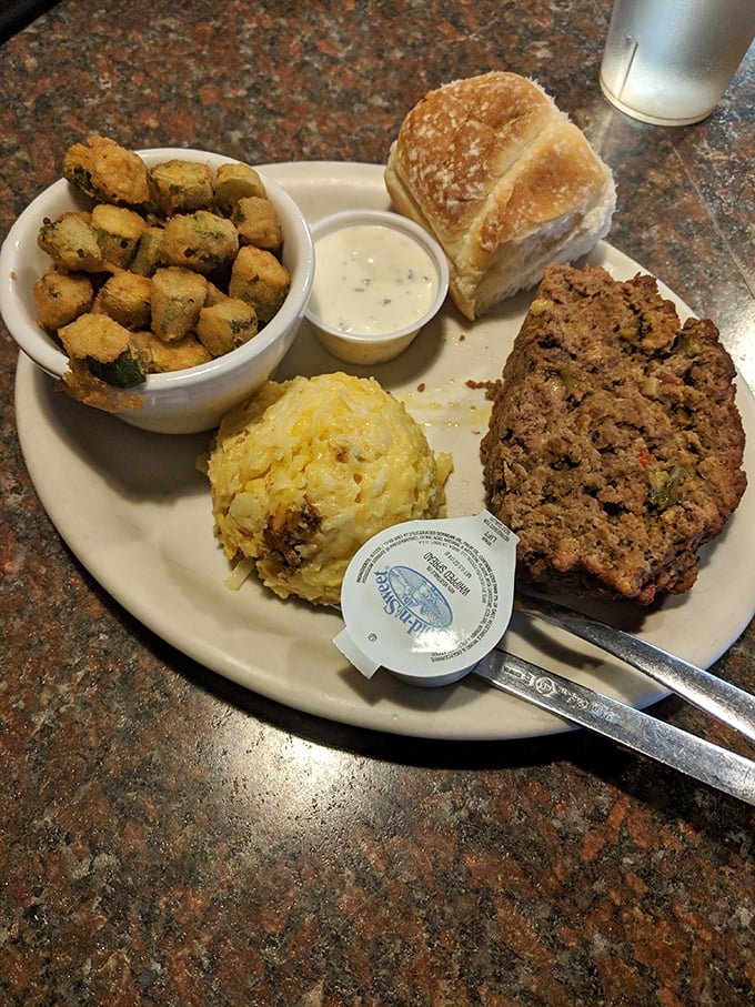 Wednesday's legendary smoked meatloaf dinner with golden cornbread, creamy potato salad, and fried okra – comfort food perfection at BobbyD's.