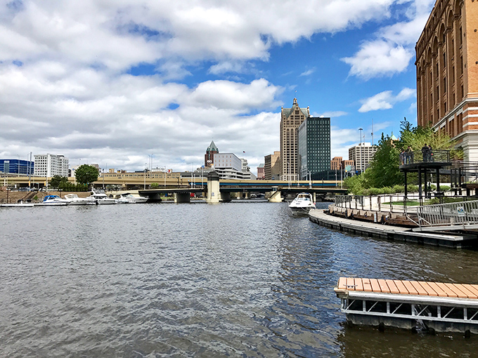 The RiverWalk transforms Milwaukee's industrial waterfront into a pedestrian paradise where the only thing flowing faster than the river is the conversation.