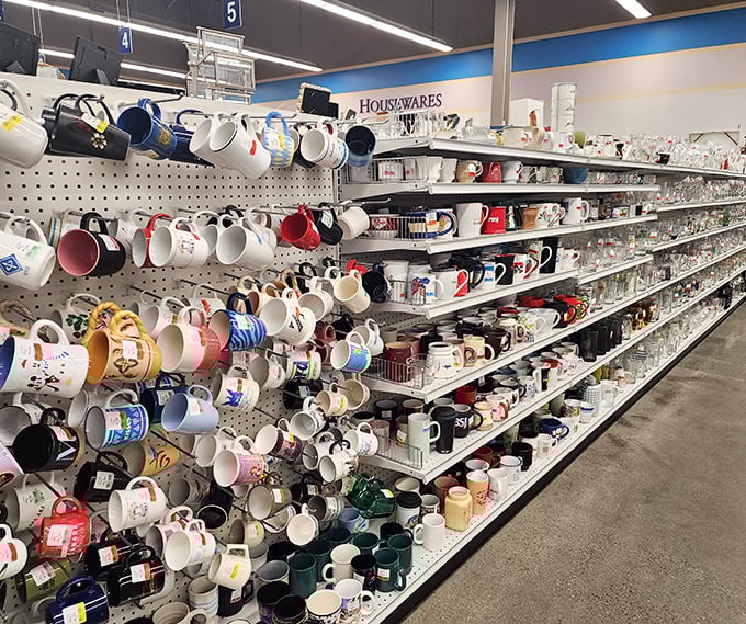 Mug collectors, brace yourselves! This pegboard paradise holds enough caffeine vessels to fuel an entire Alaskan winter of coffee breaks.