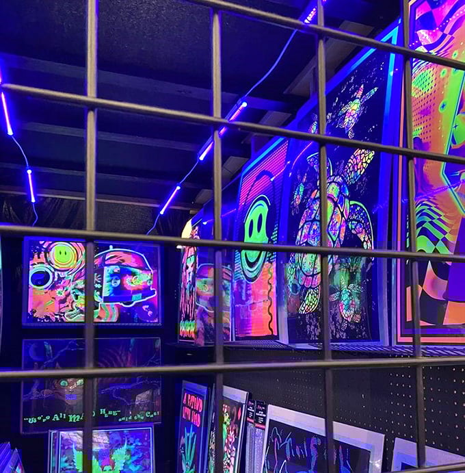 Psychedelic dreams come alive under black lights. This vendor's fluorescent artwork transports you straight back to dorm rooms of the 1970s.