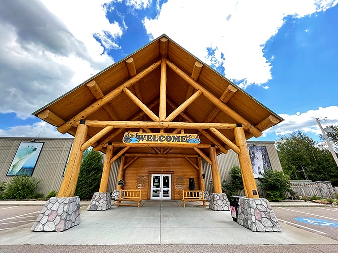 The North American Bear Center welcomes visitors with rustic timber architecture. This wooden entrance says "wilderness" more authentically than any neon sign ever could.