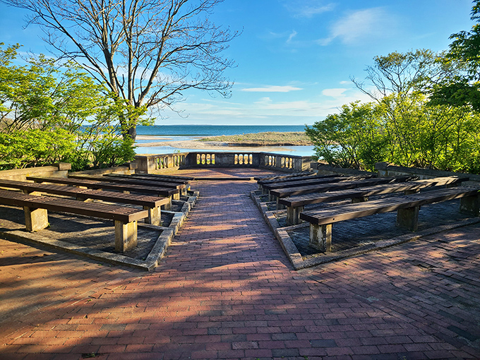 Nature's perfect theater&mdash;brick pathways leading to wooden benches where the only drama is deciding which view deserves your attention first.