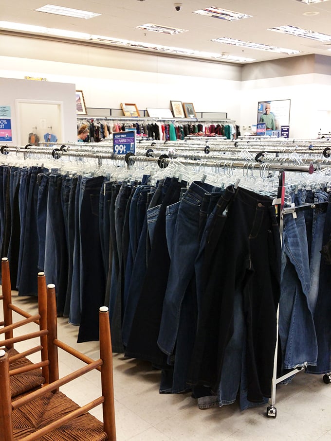 The denim section: where jeans go for their second act. Like a well-organized blue chorus line, they're waiting for their next standing ovation.
