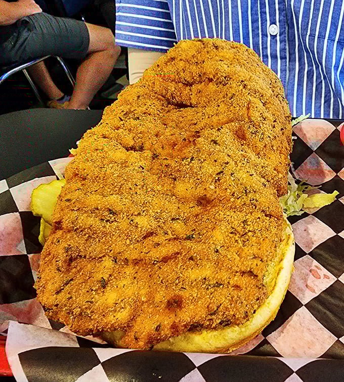 Not so much a sandwich as an edible monument to excess&mdash;this breaded pork tenderloin refuses to acknowledge the boundaries of its bun.