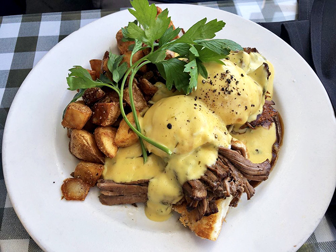 Pot Roast Benedict with that glorious hollandaise cascade &ndash; because someone finally understood what breakfast needed to be complete.