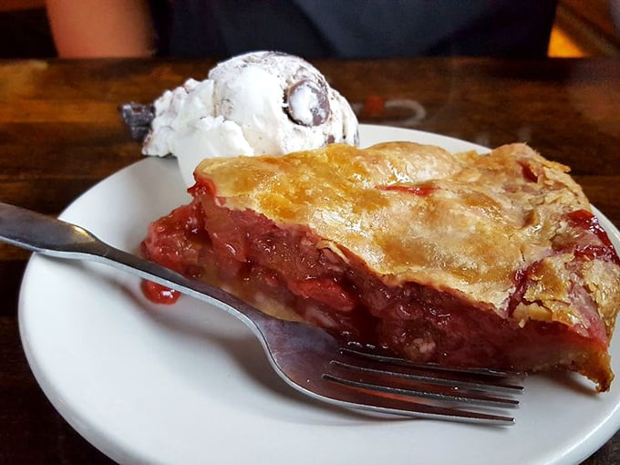 This isn't just pie&mdash;it's a ruby-red rhubarb revelation with a golden crust that shatters like thin ice on a spring puddle.