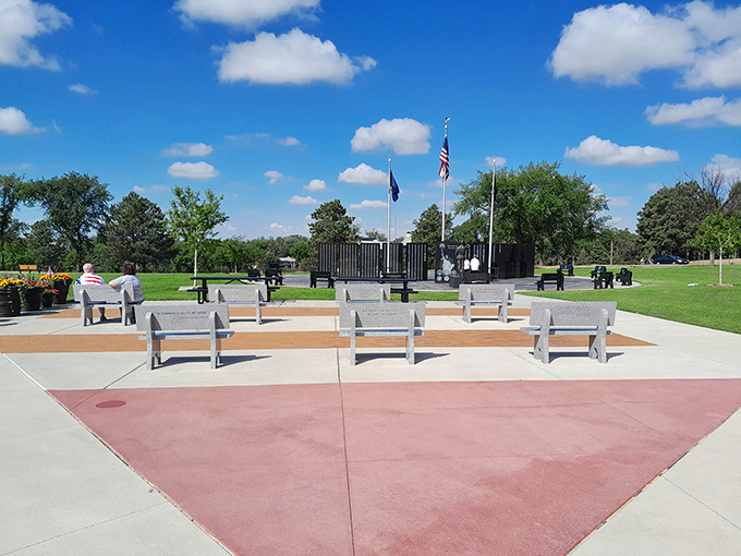 Rocky Butte Park's memorial plaza provides a moment of reflection under North Dakota's famously big sky&mdash;nature's original cathedral ceiling.