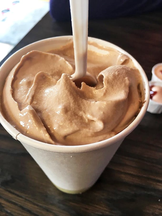 Spoon or straw? The eternal milkshake dilemma. This caramel creation is thick enough to make gravity work for its money.