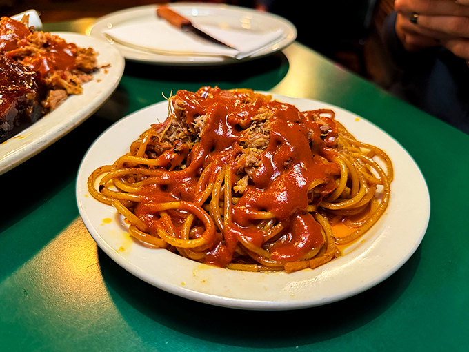 BBQ spaghetti: where Memphis meets Italy and creates a love child that would make both countries proud. Carbs wearing a smoky tuxedo.