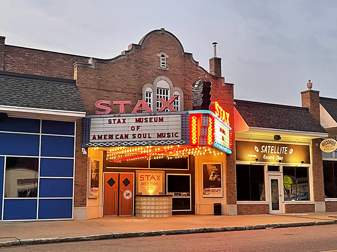 The Stax Museum of American Soul Music glows at dusk, a shrine to the soundtrack that got America dancing and hasn't stopped since.