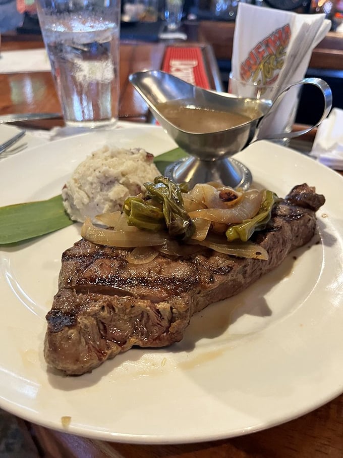 This New York strip steak with its perfect grill marks is having what I call a "photogenic food moment." The au jus is practically begging to be sipped.