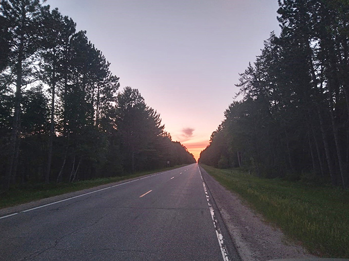 Twilight magic on Highway 46, where the setting sun creates a golden runway. Even pilots would be jealous of this approach.