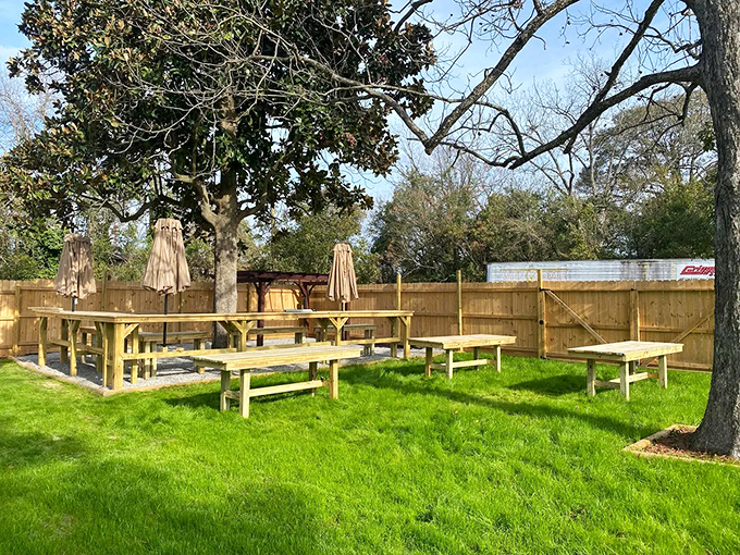 Outdoor dining doesn't get more charming than this &ndash; picnic tables under shade trees where the only reservation you need is the one you make with yourself to slow down.