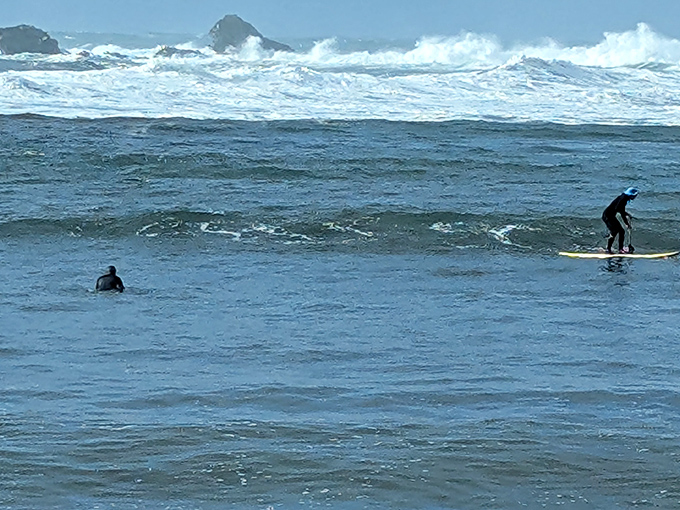 Paddleboarding in protected waters &ndash; because fighting Pacific waves is overrated when you're trying to stay upright.