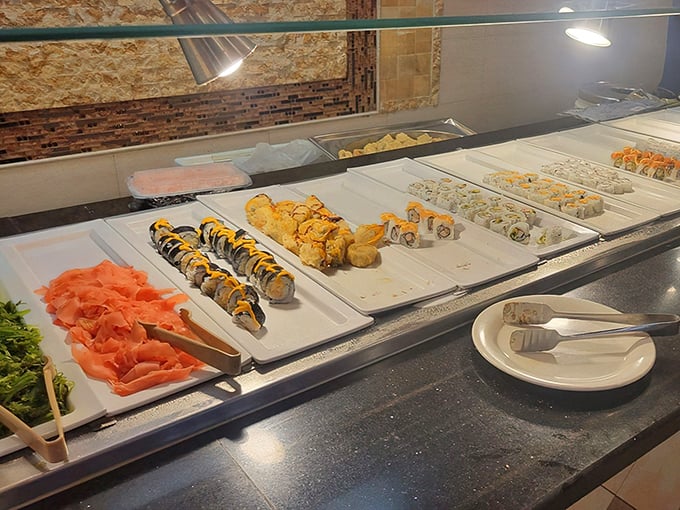 The sushi section proves that "buffet" and "fresh" can coexist in the same sentence, with colorful rolls lined up like edible jewels waiting to be discovered.