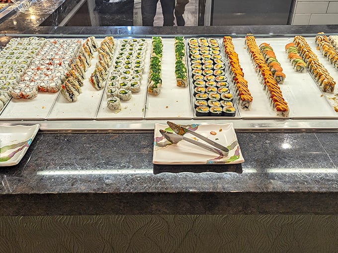 The sushi selection proves buffets aren't just about quantity—rows of colorful rolls await, each one a perfect two-bite vacation from your usual lunch routine.