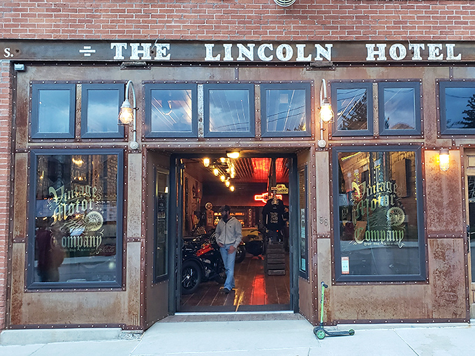 The Lincoln Hotel's vintage motorcycle display proves that in Helper, even the storefronts tell stories of America's love affair with the open road.