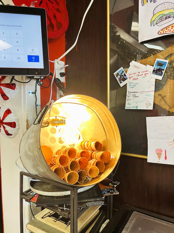Behold the holy grail&mdash;freshly made waffle cones waiting their turn to cradle scoops of creamy nostalgia.