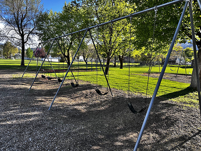 Simple pleasures: a playground where the entertainment doesn't require batteries or Wi-Fi, just imagination and mountain air.