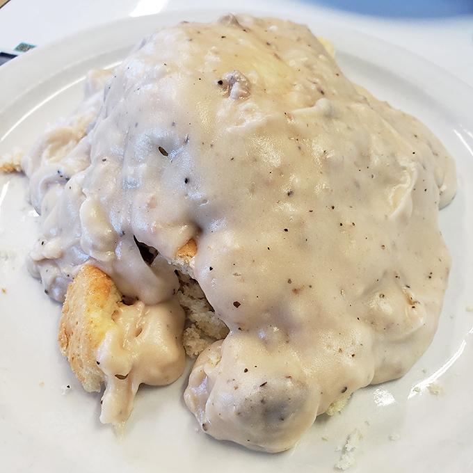 Biscuits and gravy so generous you might need a snorkel &ndash; this plate doesn't just feed you, it embraces you in a warm, peppery hug.