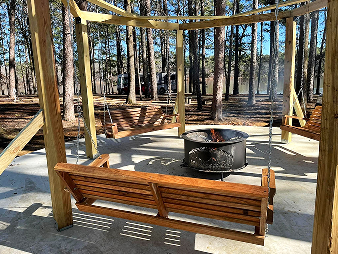 Who needs Netflix when you've got flames and a swing? This fire pit setup is campground engineering at its finest.