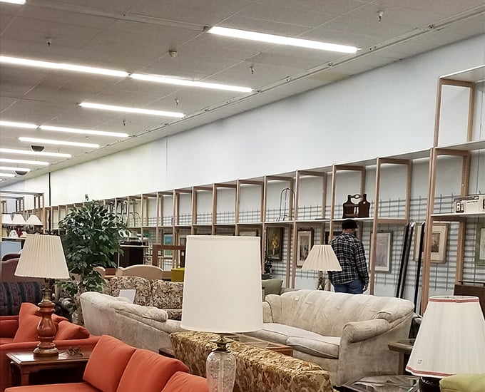 The furniture section stretches toward infinity, where vintage lamps mingle with contemporary couches. One person's decluttering becomes another's decorating triumph.