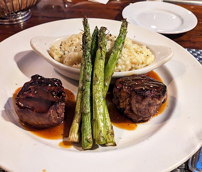 Twin filet mignons standing at attention, flanking asparagus soldiers with creamy risotto waiting in the wings.