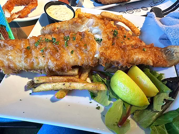 The fish and chips arrive like golden treasure &ndash; flaky white fish in a crispy beer batter that would make any Brit nod in approval.