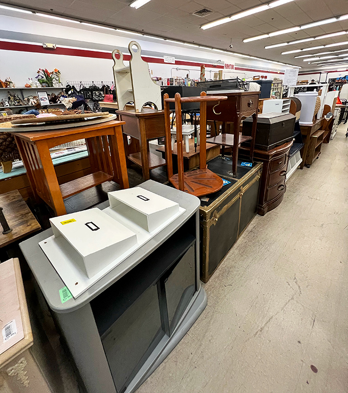 Furniture with stories to tell lines the back wall. That mid-century side table might have hosted cocktails in the '60s before waiting here for its next chapter.