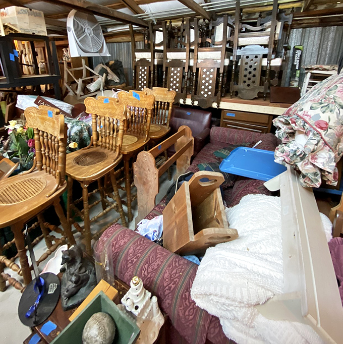 Furniture heaven or organized chaos? This corner showcases the beautiful jumble of potential that makes flea market shopping an adventure sport.