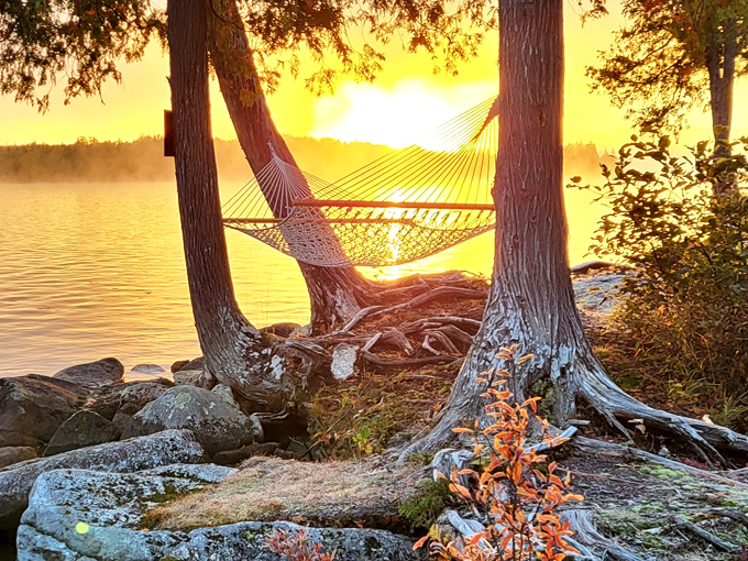 The ultimate corner office with the best retirement plan: a hammock between two pines and a sunset that works overtime.