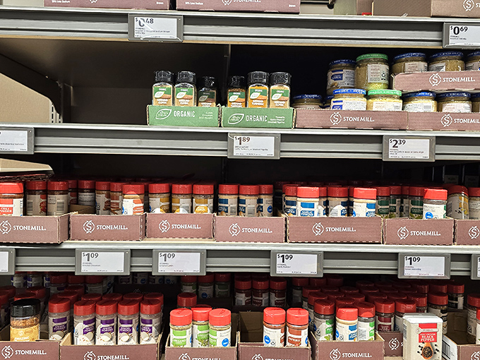 The spice wall at ALDI might be compact, but it packs a flavorful punch with Stonemill seasonings that cost less than the jar they come in elsewhere.