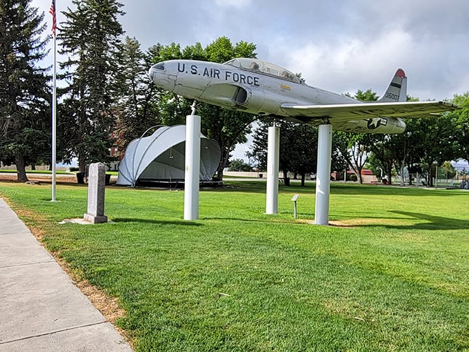 This Air Force trainer isn't just decorative—it's a reminder that even the quietest towns have stories that soared beyond their borders.