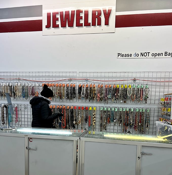 Jewelry hunters examine the day's treasures. One person's forgotten accessories become another's statement piece&mdash;all without the mall markup.