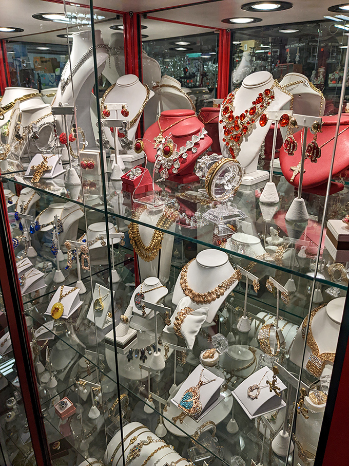 More bling than a 1970s game show host! This jewelry case sparkles with costume pieces that could turn any ordinary outfit into a conversation starter.