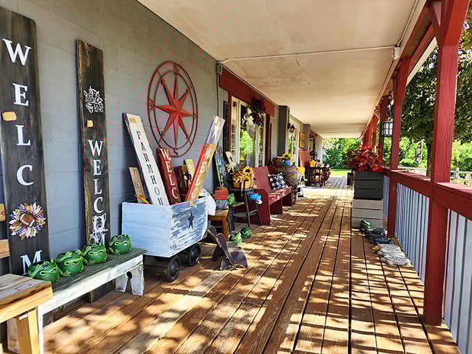 The front porch feels like stepping onto a movie set where Americana comes to life and "Welcome" signs actually mean it.