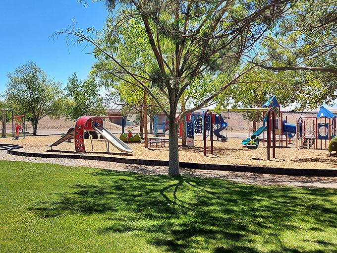 Kids' laughter fills this neighborhood park where shade trees create natural air conditioning. Grandparents' paradise: tire them out before ice cream!