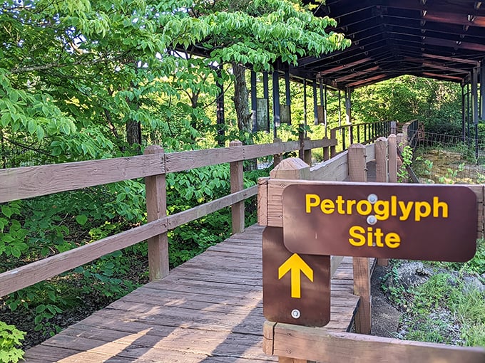 Petroglyph this way! The wooden boardwalk beckons like a time machine, leading to ancient rock art that predates Netflix by just a few thousand years.