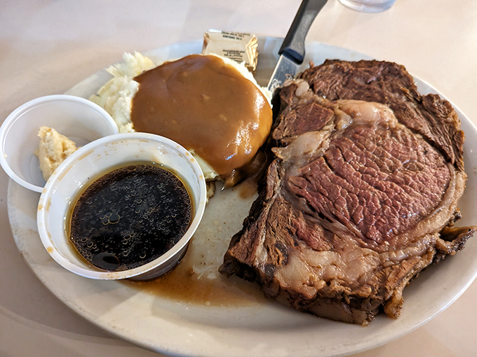 This prime rib doesn't just "come with au jus" &ndash; it practically bathes in its own magnificent juices like it's enjoying a spa day.