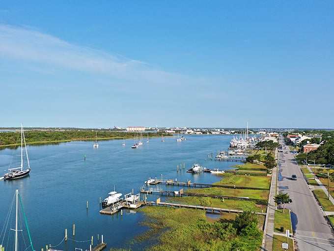 The waterway serves as Beaufort's main street, where boats replace cars and the commute involves pelicans, not traffic reports.
