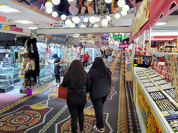 The carpeted walkways of the swap meet serve as runways for treasure hunters, where the next great find might be just around the corner.