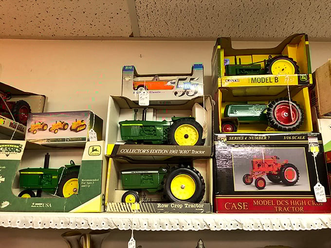 Toy tractors that have outlived their full-sized counterparts sit patiently in their boxes, waiting for collectors or the world's most sophisticated sandbox.