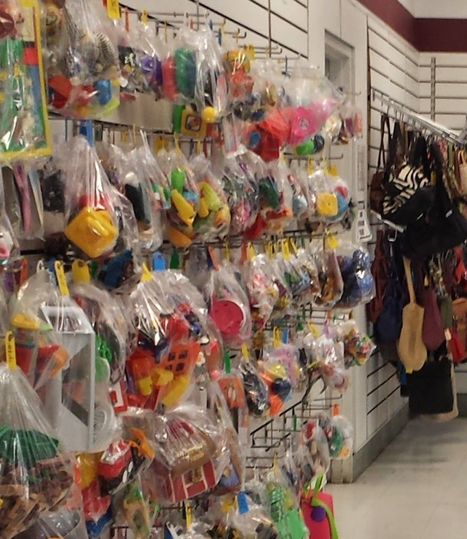 Bagged toys hang like colorful fruit, each plastic package containing potential childhood magic at a fraction of retail prices.