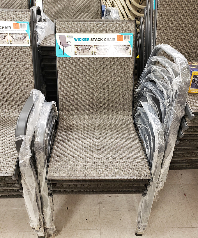 Wicker stack chairs waiting for their forever patios. At these prices, your outdoor space can look like a resort without the resort credit card bill.