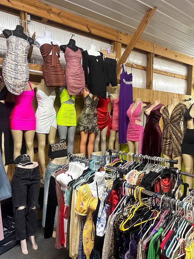 From prom night memories to Saturday night fever! These mannequins model party dresses that span fashion eras and await their next dance floor debut.