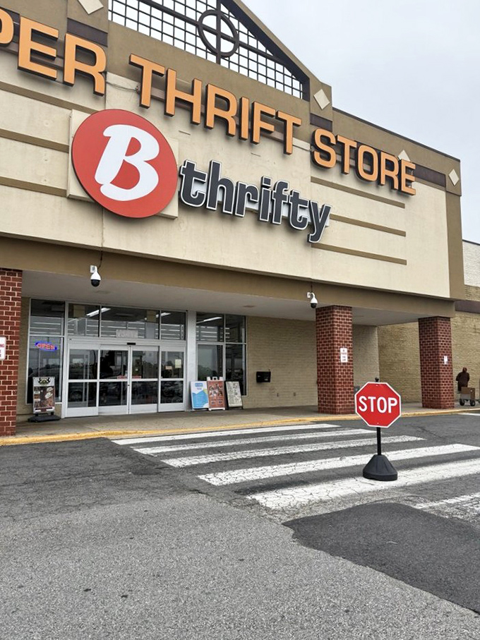 The impressive facade of B-thrifty promises super-sized savings inside. That bold "B" logo has become synonymous with thrifting success in Woodbridge.