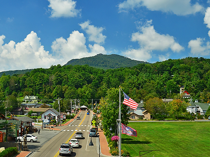 Banner Elk's downtown captures that quintessential mountain town vibe with blue skies and distant peaks.
