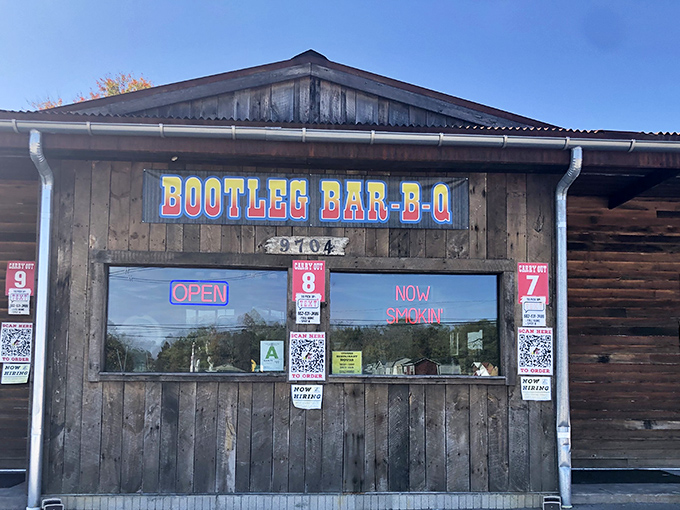 Bootleg Bar-B-Q's weathered wooden exterior tells you they're serious about smoke, not d&eacute;cor. Priorities, people!