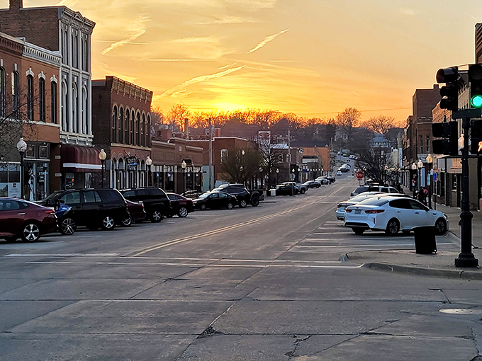 Downtown streets at sunset remind you why small-town Iowa still feels like home sweet home.