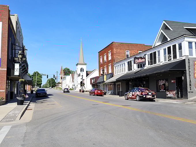 Central City's downtown church steeple rises above the historic buildings, marking this affordable college town's welcoming center.